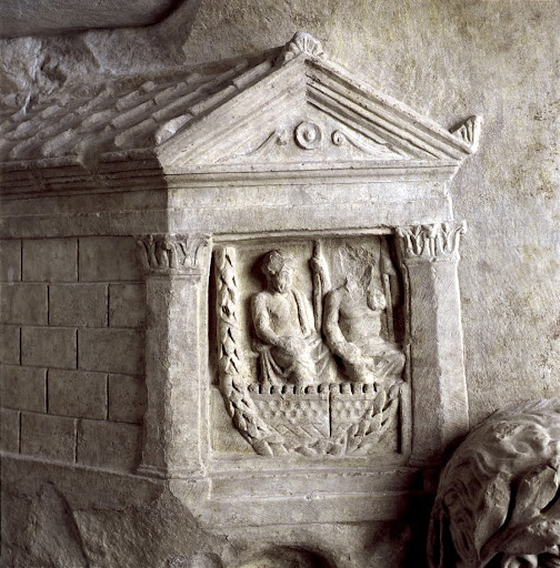 Relief with Aeneas sacrificing to the Penates, detail with the Temple ...