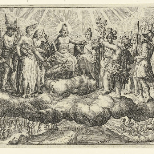 Bacchus biedt Jupiter wijn aan, Jacob Matham, after David Vinckboons ...