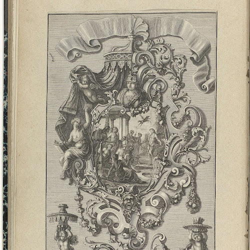 Cartouche met Apollo en de muzen, Johann August Corvinus, after Abraham ...