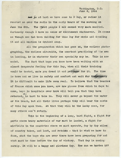 Draft of Eleanor Roosevelt's "My Day" column, June 6, 1944. Page 1 ...