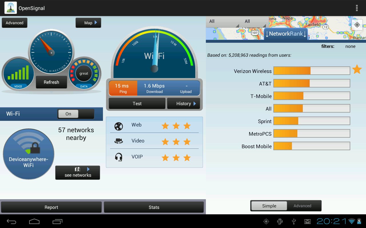 OpenSignal WiFi map, speedtest - screenshot