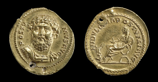 Gold aureus with a facing portrait of Postumus — Google Arts & Culture