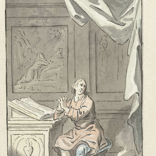 Zittende man met gevouwen handen, achter een bijbel, Jacobus Buys, c ...