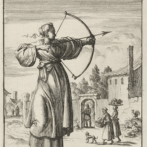 Vrouw schiet met pijl en boog, Jan Luyken, 1687 - Rijksmuseum